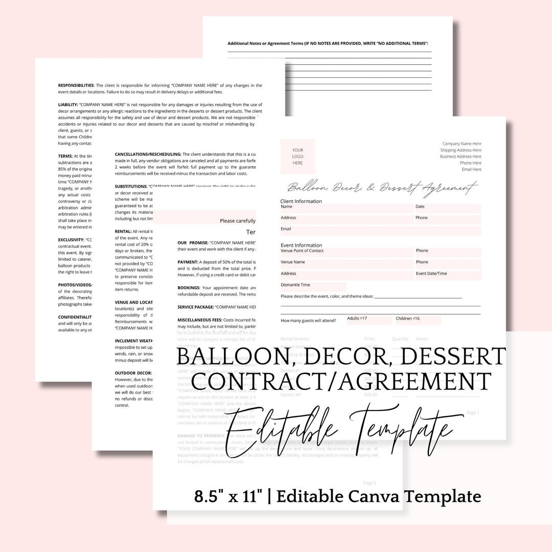 Event Decor Contract Template, Balloon, Dessert Service (editable Canva ...