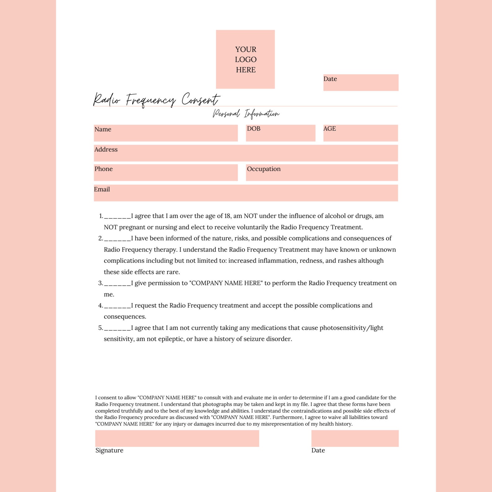 Radio Frequency Intake & Consent Form I DIY Editable Canva - Etsy