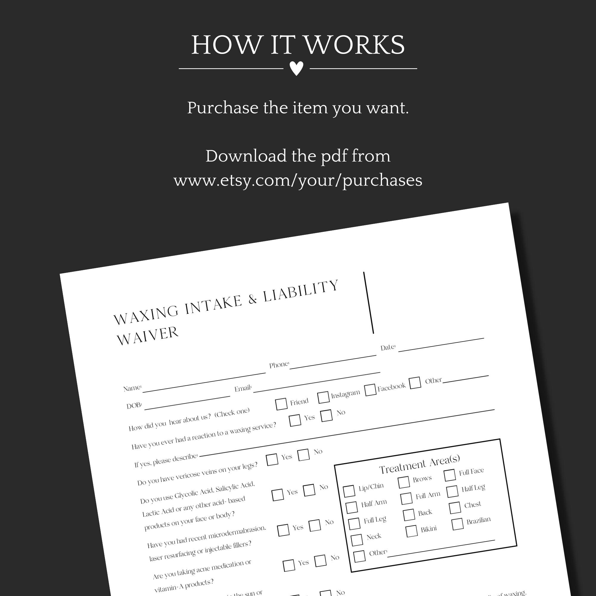 Esthetician Waxing Intake Form, Client Waiver (printable PDF) - Etsy