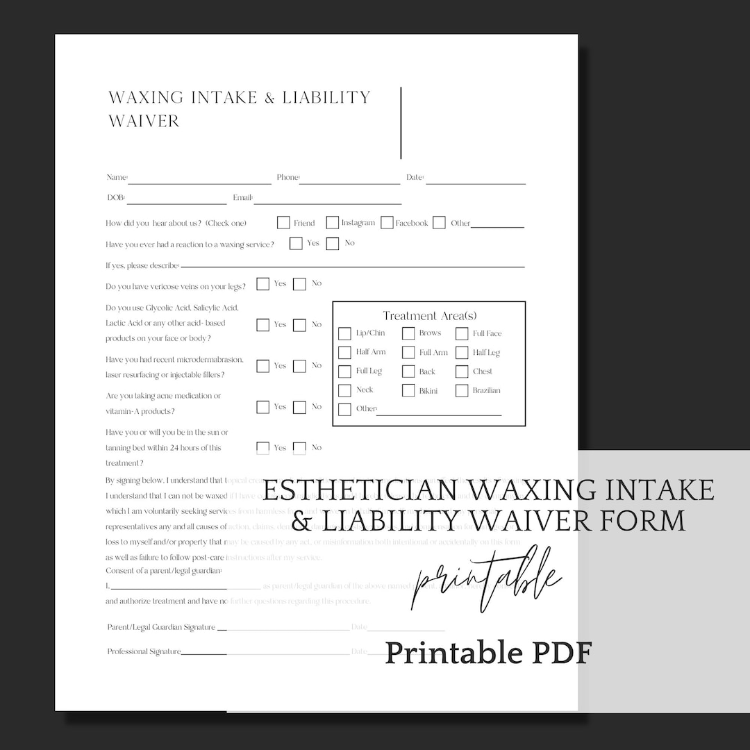 Esthetician Waxing Intake and Liability Waiver Form, Printable PDF ...