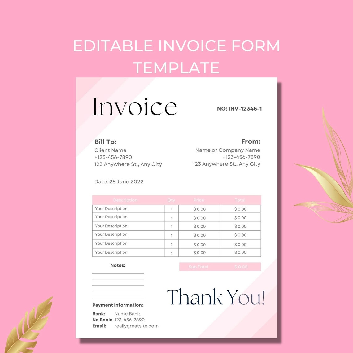 Editable Invoice Form Template Small Business Invoice Form - Etsy