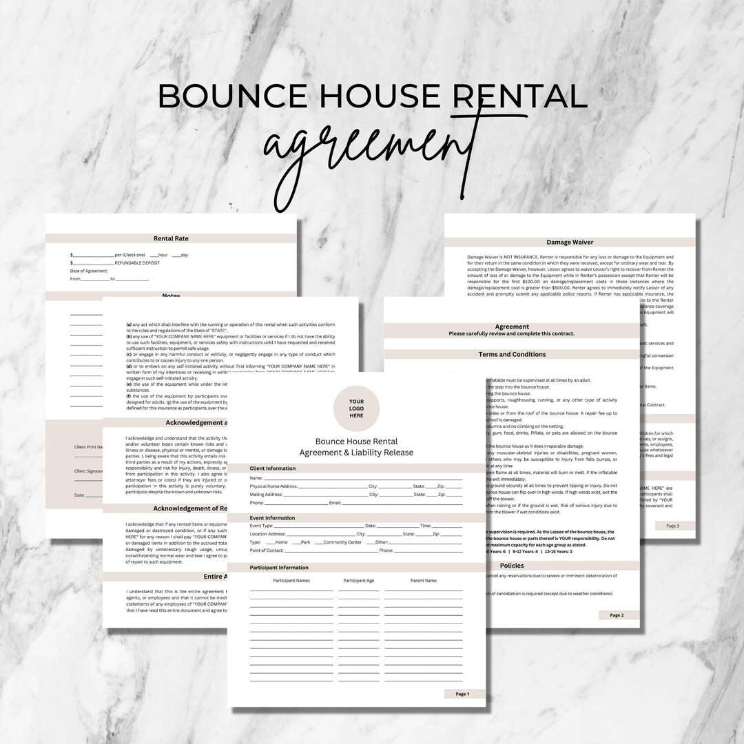 Bounce House Rental Contract Agreement, 5 Page Editable Canva Template ...