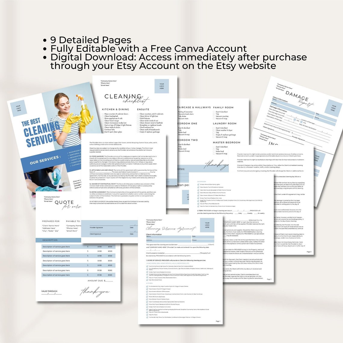 EDITABLE Cleaning Service Contract Bundle Maid Forms CANVA - Etsy