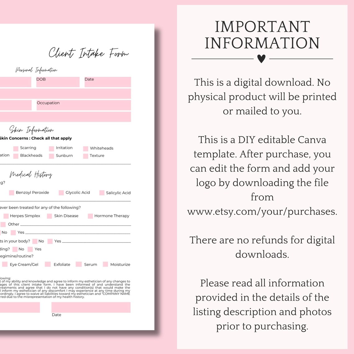 Esthetician Client Intake Form: Editable Canva Template - Etsy