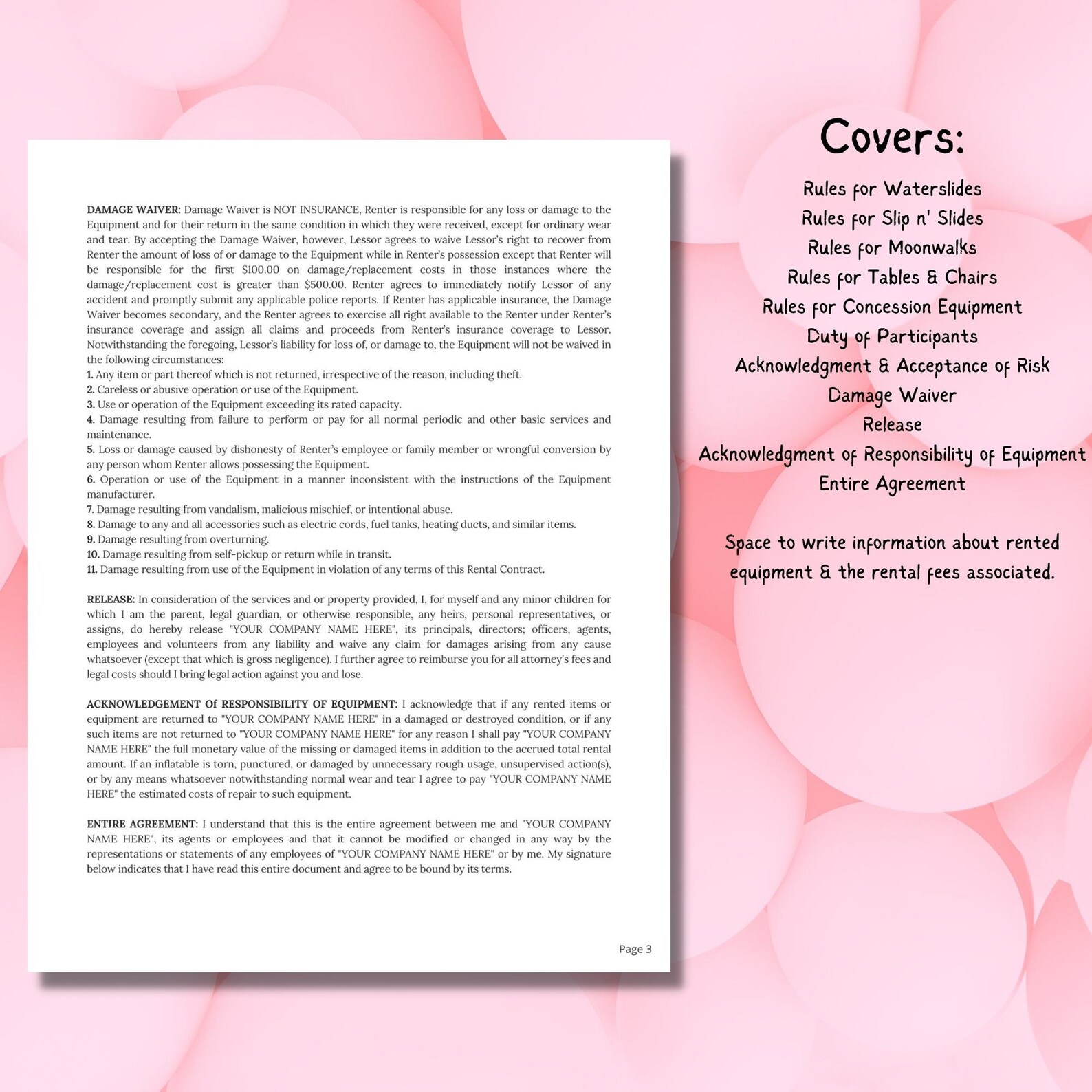 Inflatable Rental Contract Agreement I 4 Page DIY Editable - Etsy