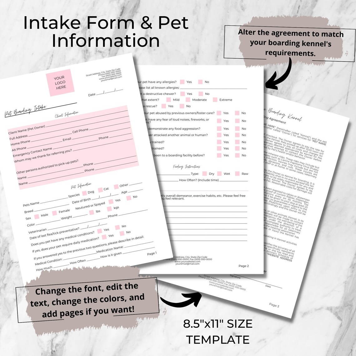 Pet Boarding Intake Form & Contract, Editable Canva Template (digital ...