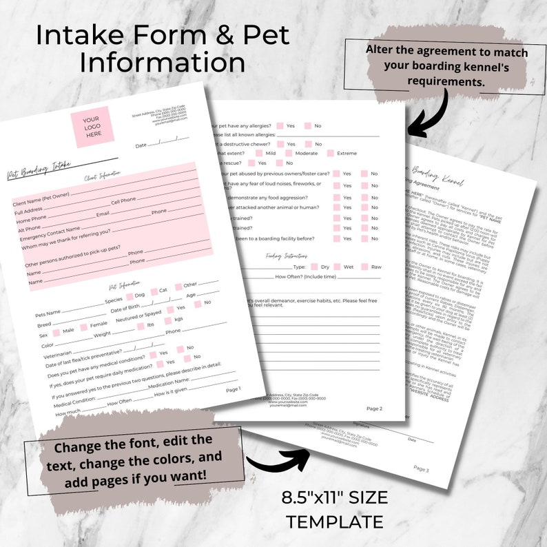 Pet Boarding Intake Form & Contract, Editable Canva Template (digital ...