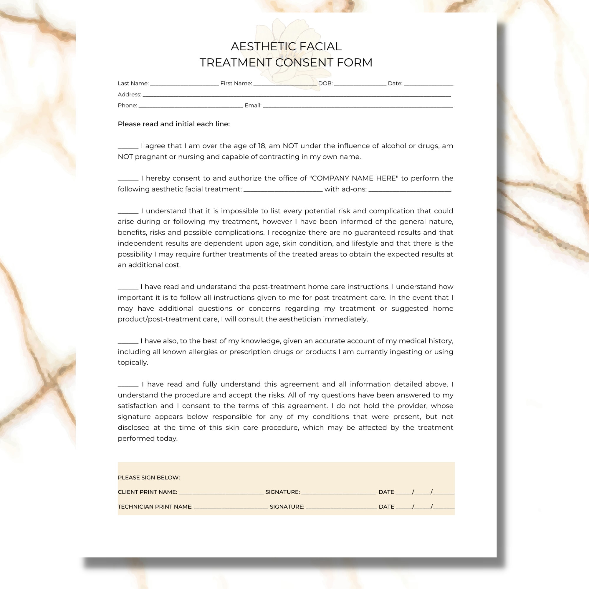 Aesthetic Facial Treatment Consent Form I DIY Editable 1 Page | Etsy