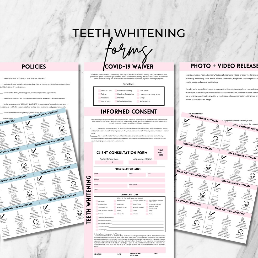 Teeth Whitening Treatment Forms, Tooth Bleaching Canva Template Bundle ...