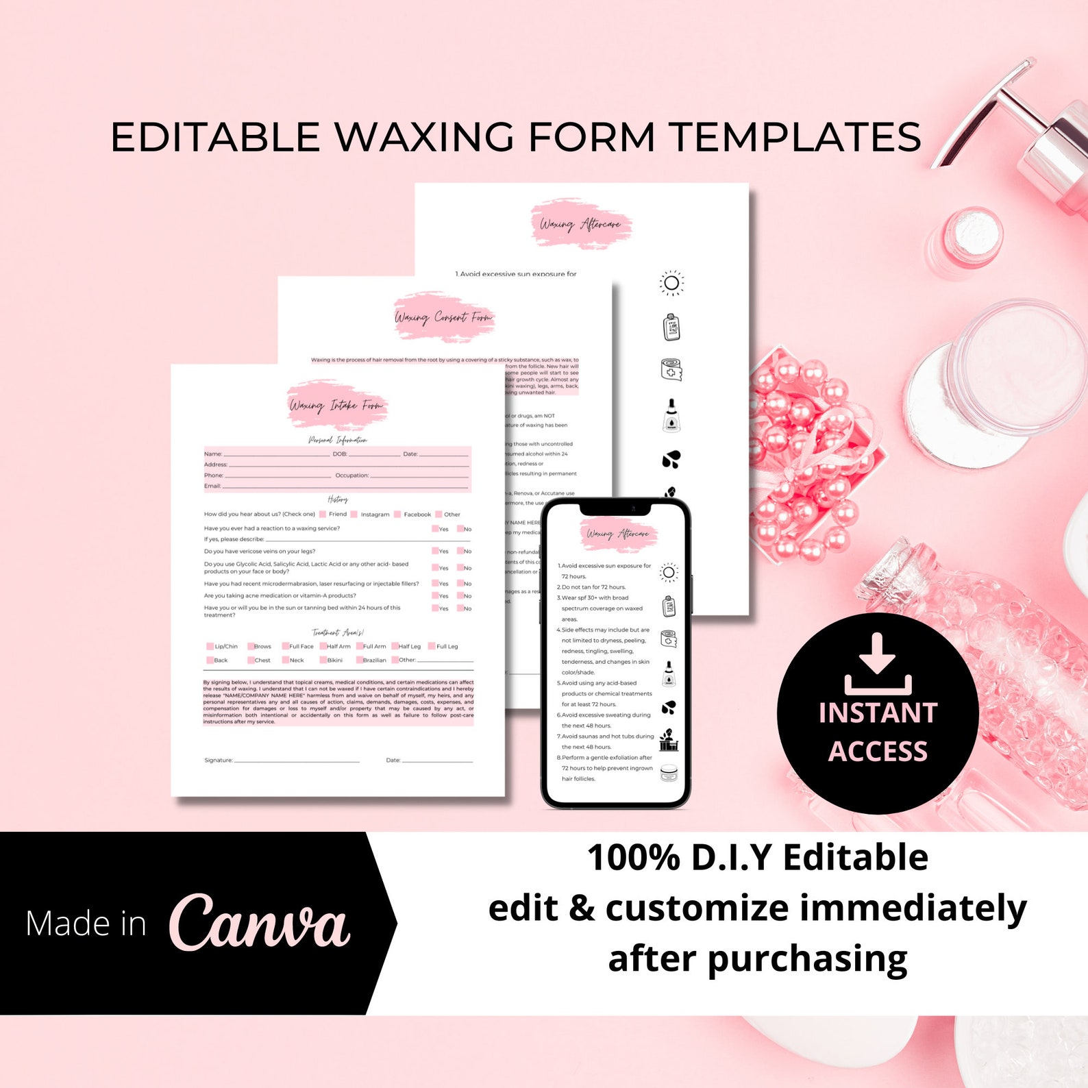 Waxing Forms With Pink Accent, Wax Intake and Wax Consent, Editable ...