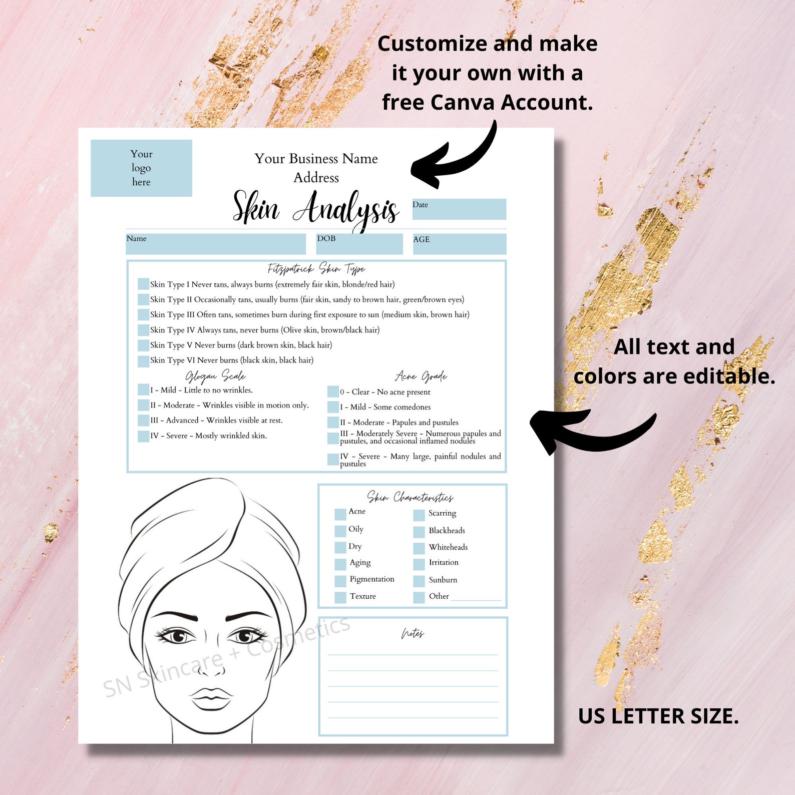Skin Analysis Template Form DIY Editable Printable Canva - Etsy