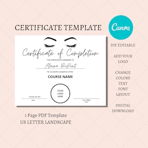 DIY Editable Certificate of Completion, Lash Extension and Brow Course ...