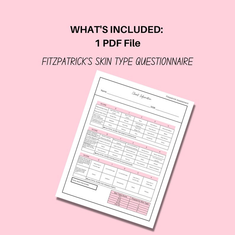 Fitzpatrick's Skin Type Questionnaire Form Printable PDF - Etsy