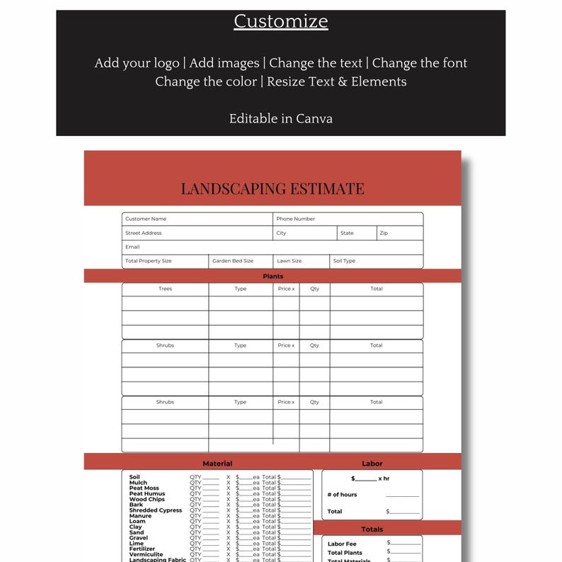 Editable Landscaping Estimate Form, Canva Template - Etsy