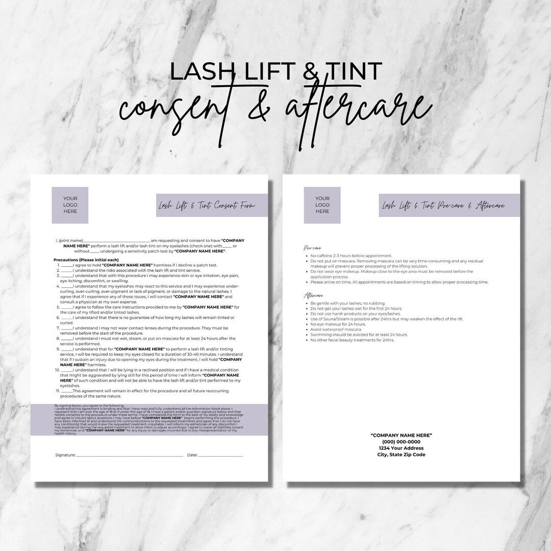 Lash Lift and Tint Consent Form, Pre-care and Aftercare, DIY Editable ...