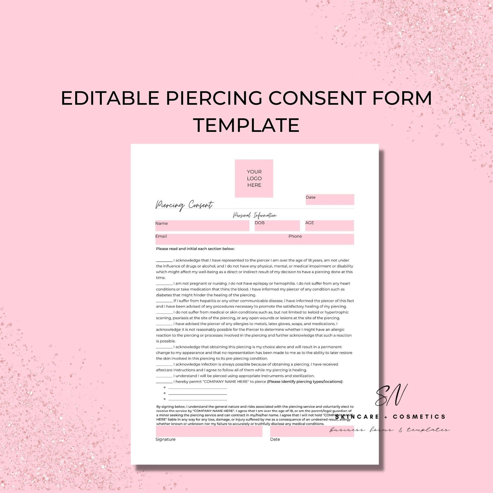 Body Piercing Consent Form DIY Editable Canva Template 1 - Etsy