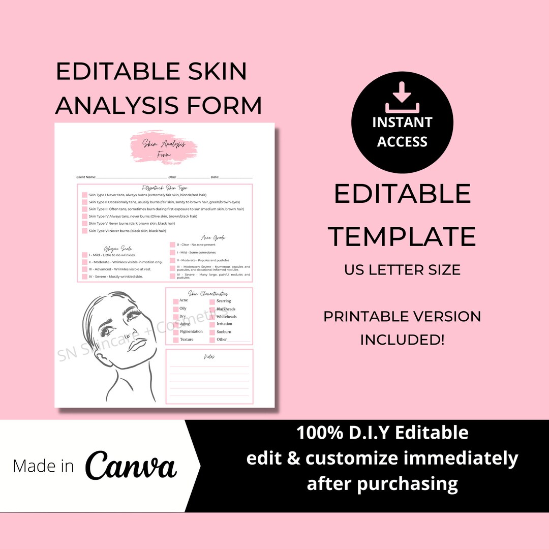 Editable and Printable Skin Analysis Form Template for Estheticians I ...