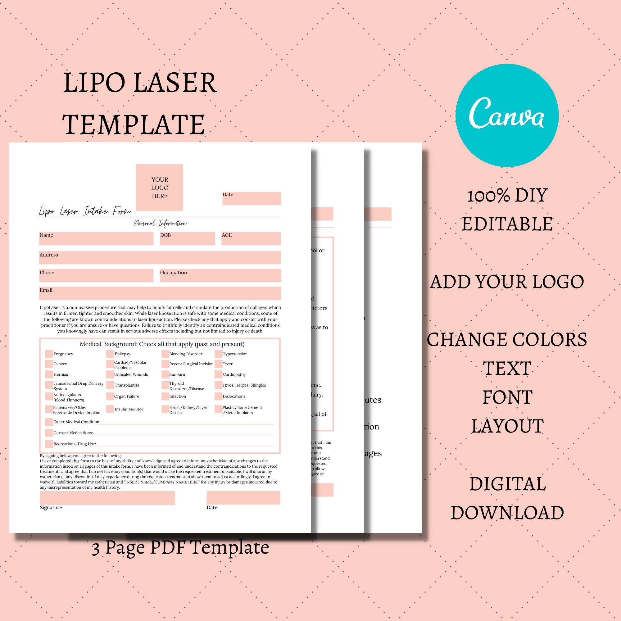 Editable Lipo Laser Intake Consent Pre-care Aftercare Form I - Etsy Canada