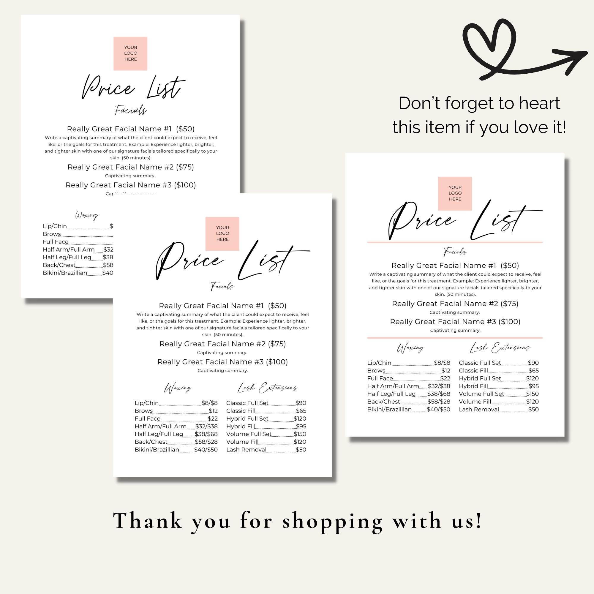 Esthetician Price List Template, Spa Service Menu Editable Canva ...