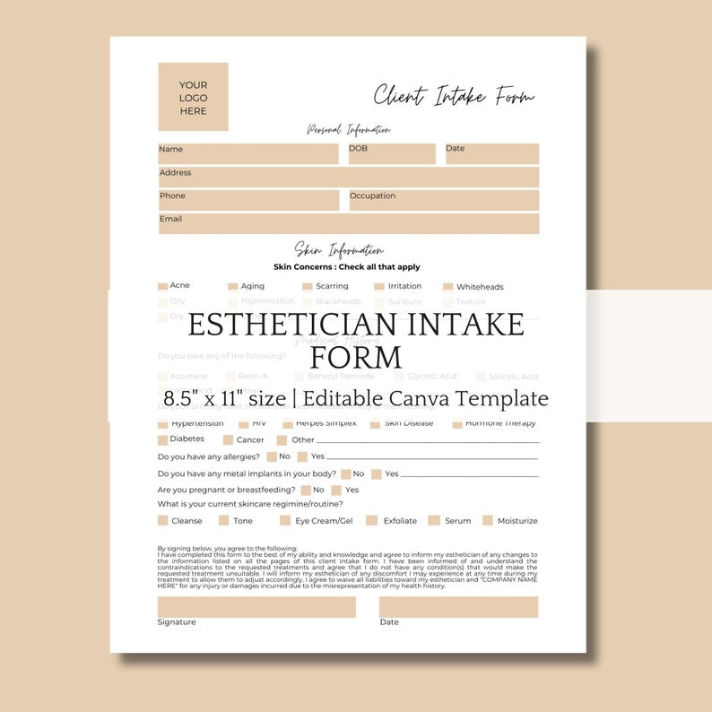 Esthetician Client Intake Form Template (editable in Canva) - Etsy