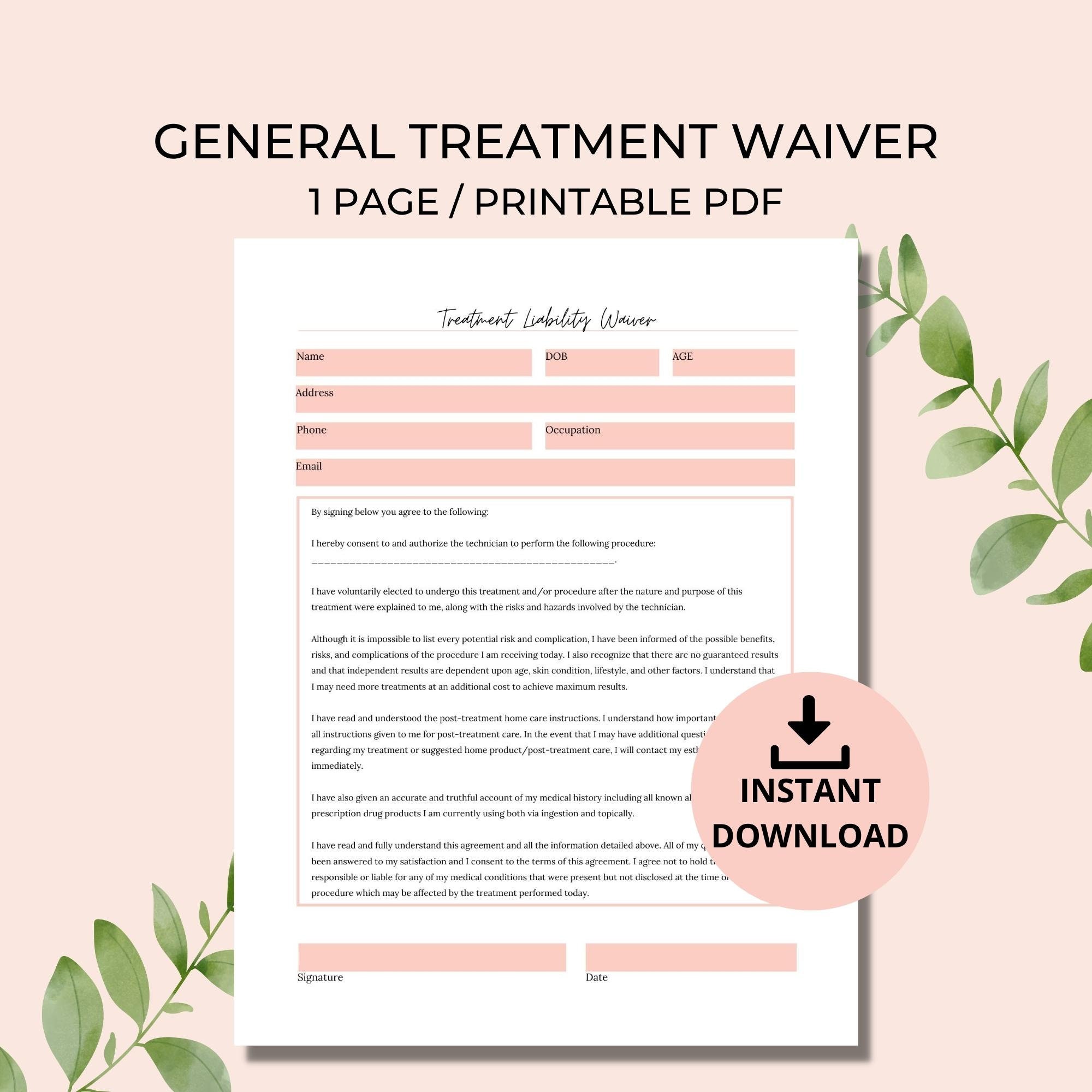 Treatment Consent Waiver, Salon Spa Business Form (printable PDF) - Etsy