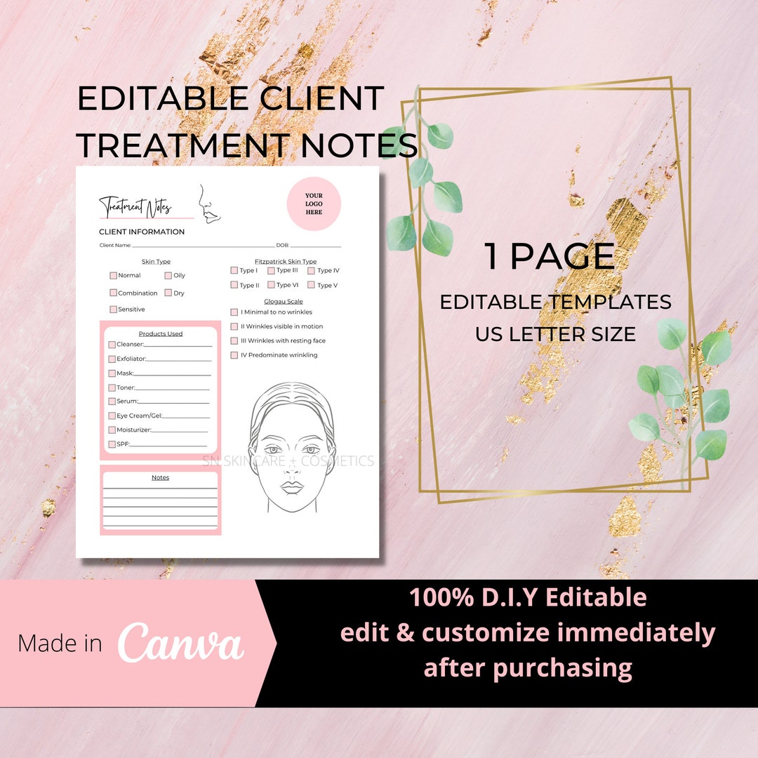 Client Treatment Notes Form I DIY Editable Canva Template I Esthetician ...