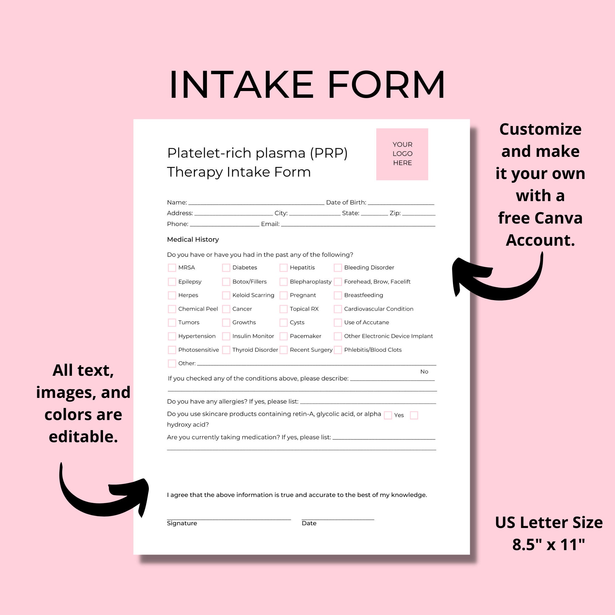 PRP Forms Template, Editable Intake, Consent, Aftercare (canva Template ...