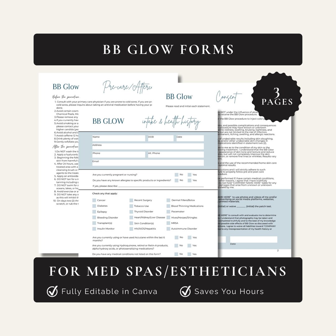 Editable BB Glow Forms Template: Intake, Consent, Aftercare for Med ...
