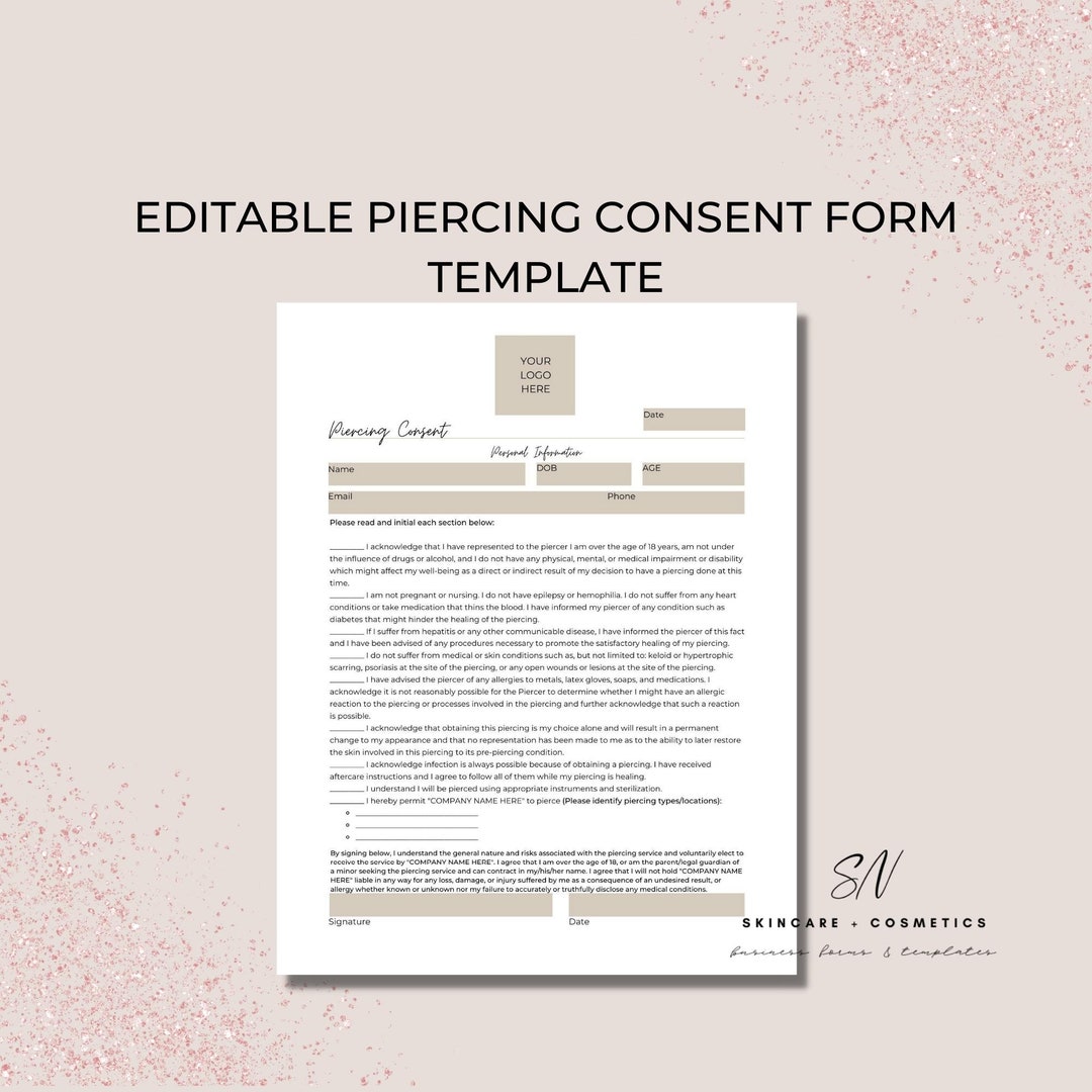 Body Piercing Consent Form, DIY Editable, Canva Template, 1 Page ...