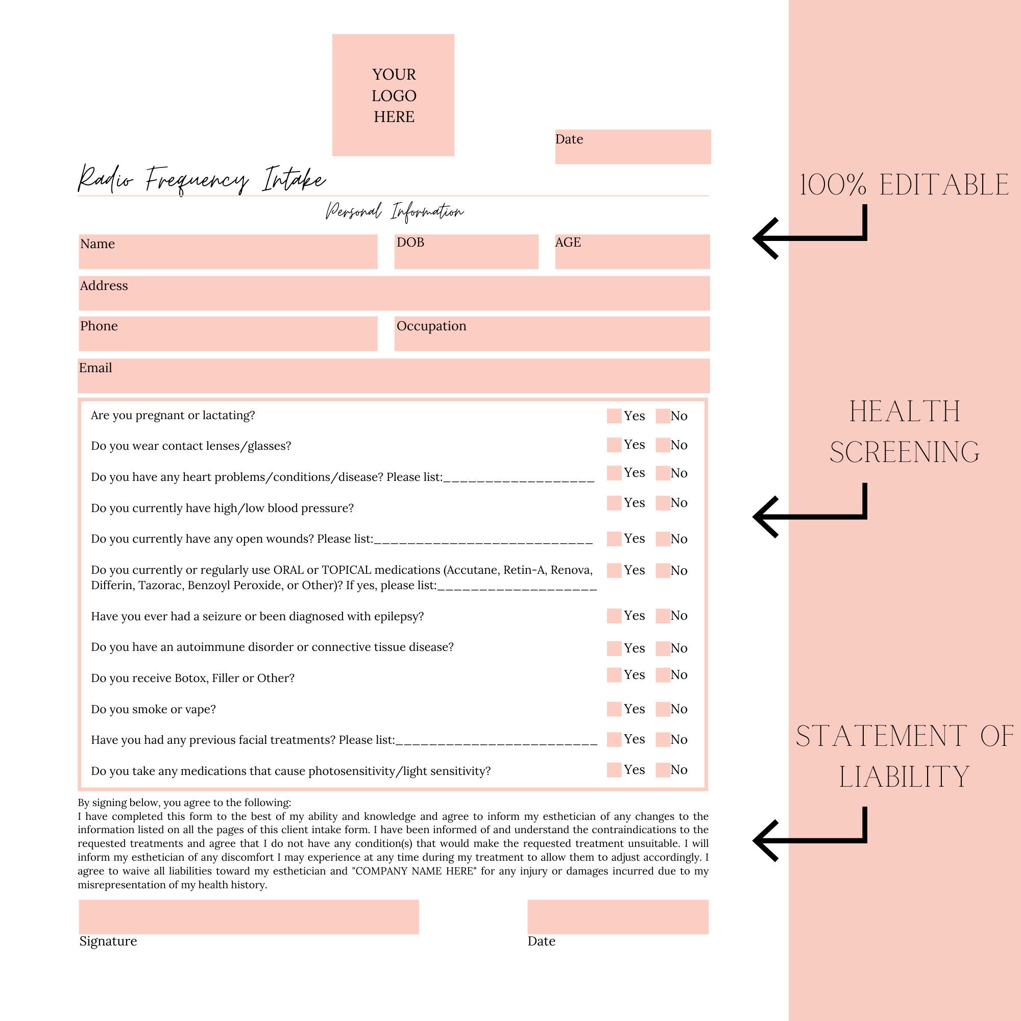 Radio Frequency Intake & Consent Form I DIY Editable Canva - Etsy Canada