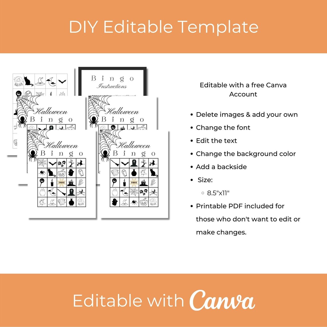 Halloween Bingo Game Printable & DIY Editable Canva Template - Etsy