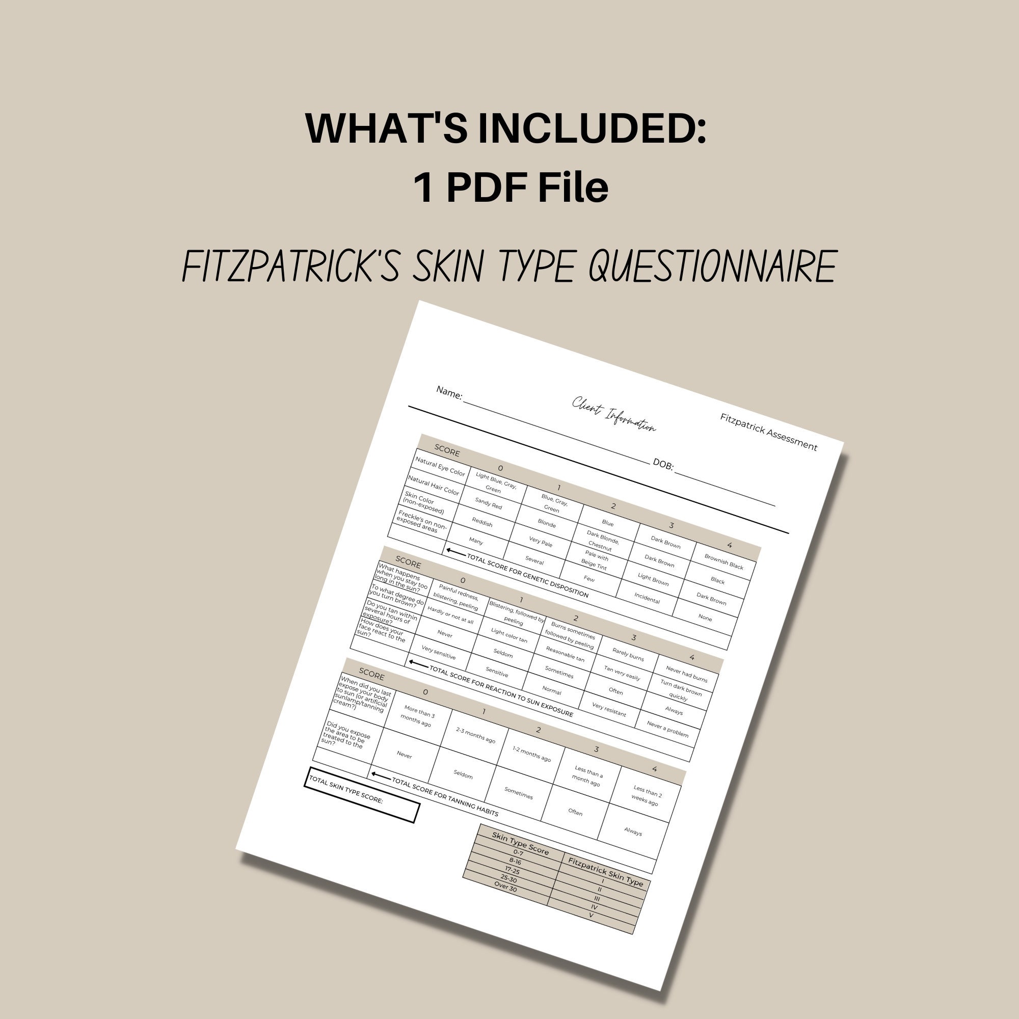 Fitzpatrick's Skin Type Questionnaire Form Printable PDF - Etsy