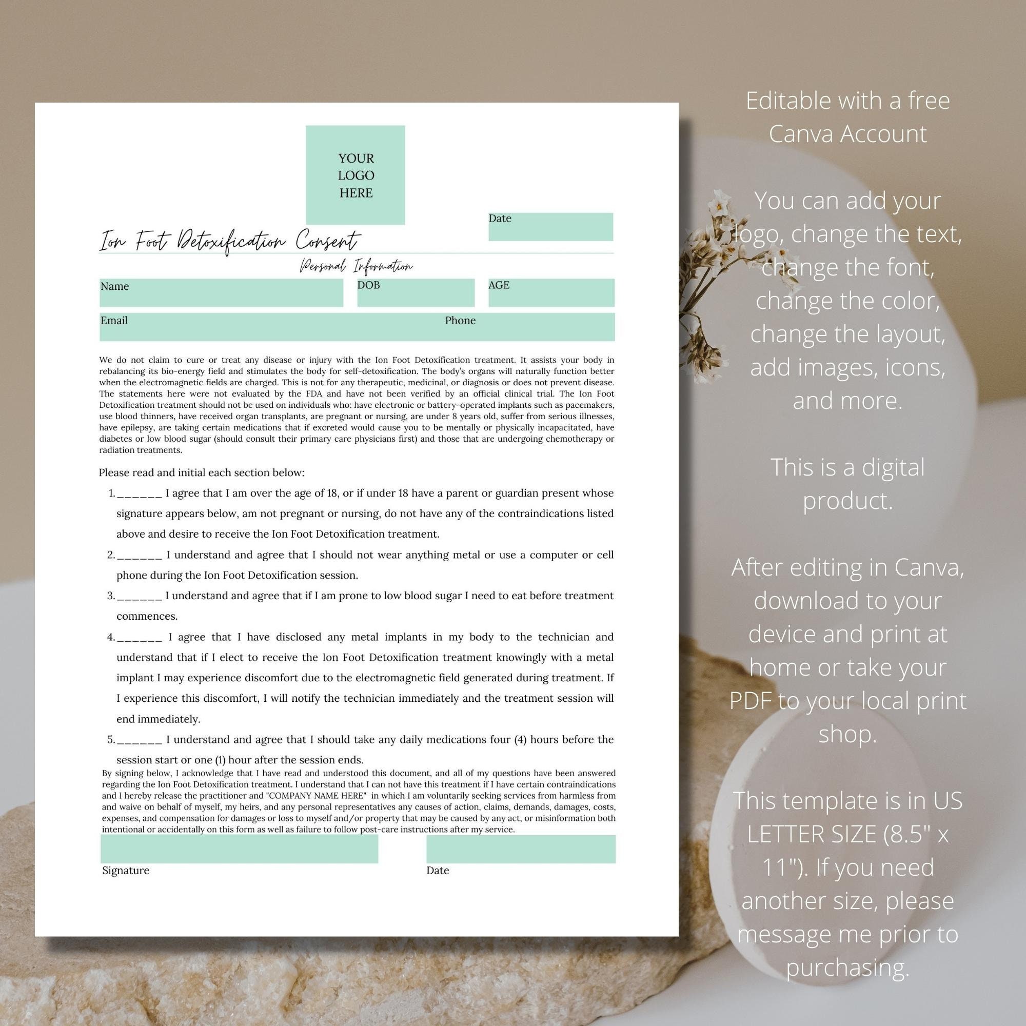 Ion Foot Detoxification Consent Form I DIY Editable 1 Page - Etsy