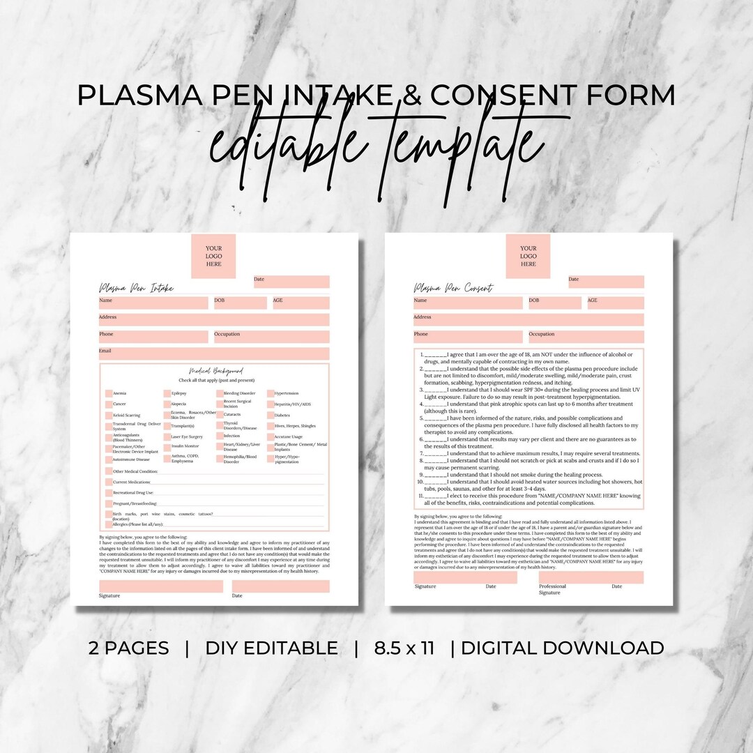 Plasma Pen Intake and Plasma Pen Consent Forms, Editable Template ...