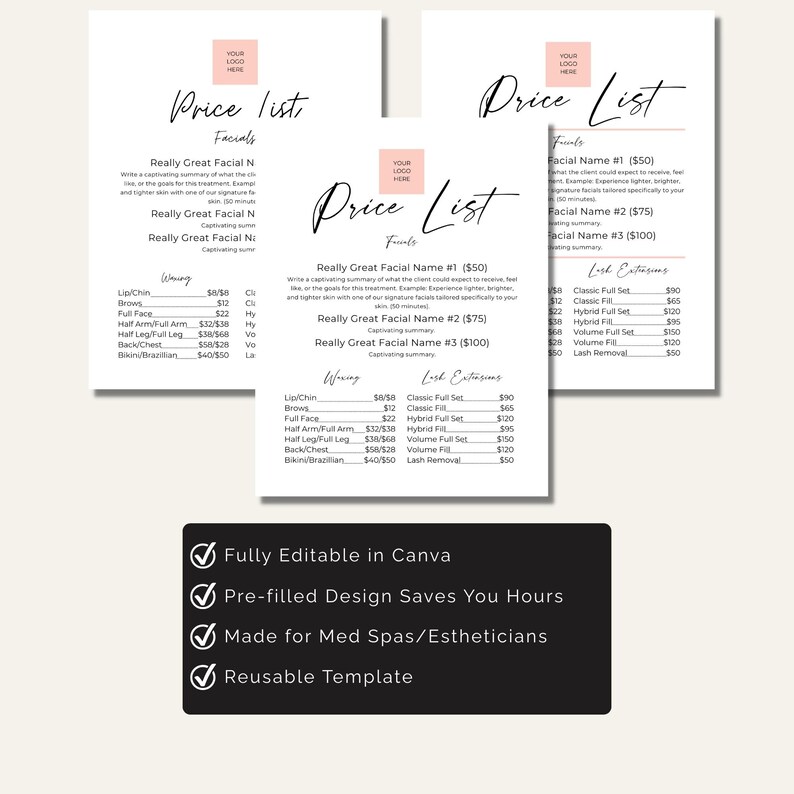 Esthetician Price List Template, Spa Service Menu Editable Canva ...