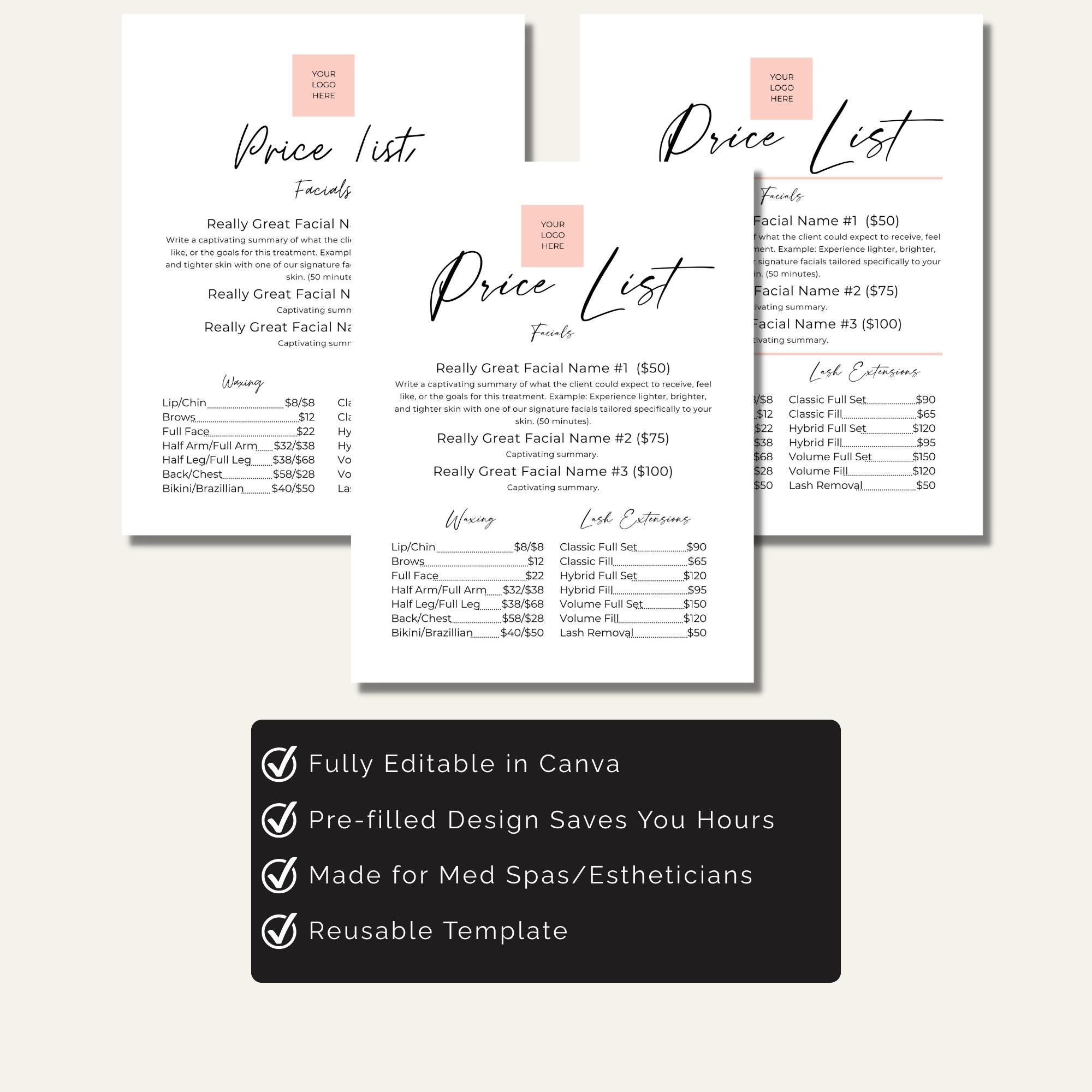 Esthetician Price List Template, Spa Service Menu Editable Canva ...