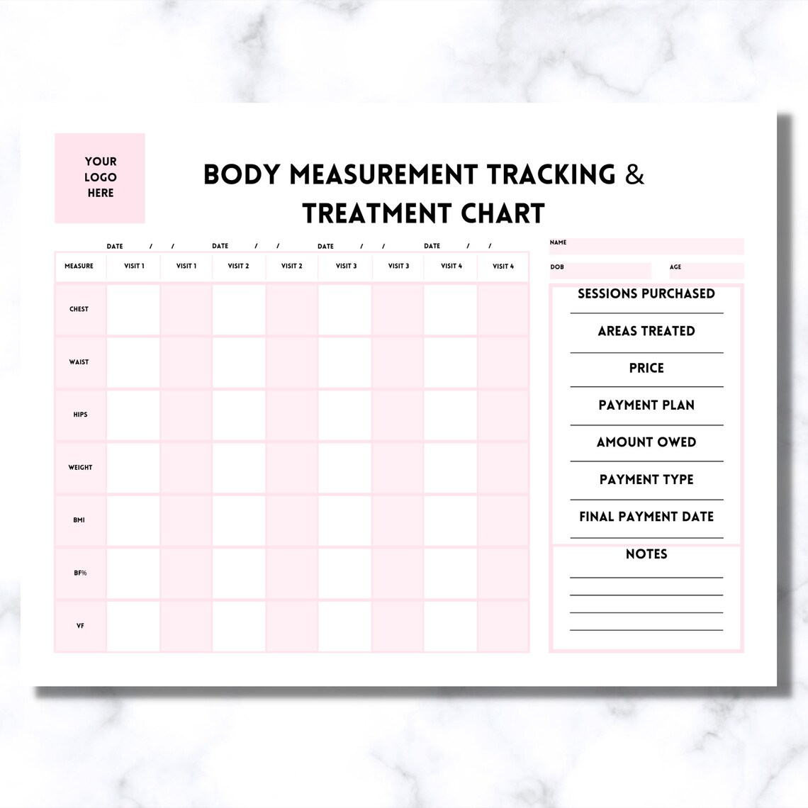 Editable Body Measurement Tracking Chart for Body Contouring & - Etsy