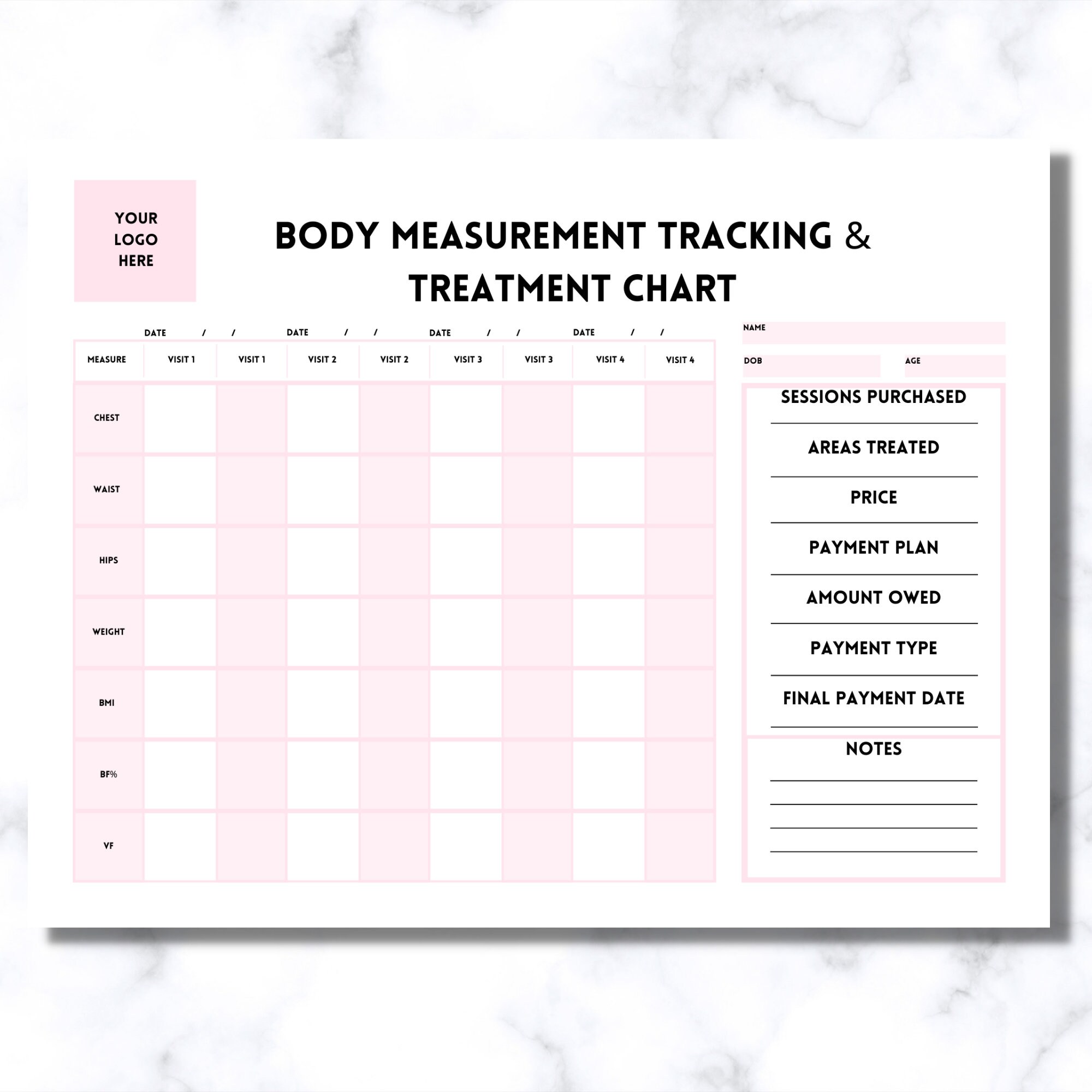 Editable Body Measurement Tracking Chart for Body Contouring & - Etsy ...