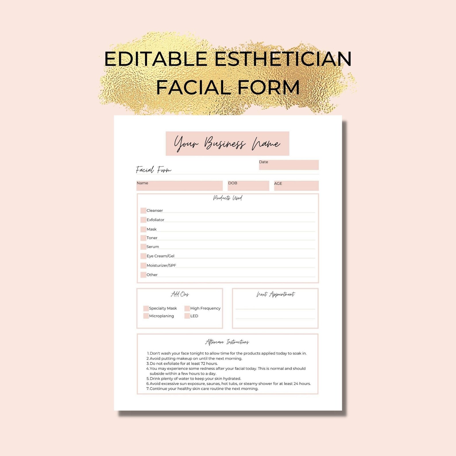 Esthetician Facial Form, DIY Editable, Printable, Canva Template ...
