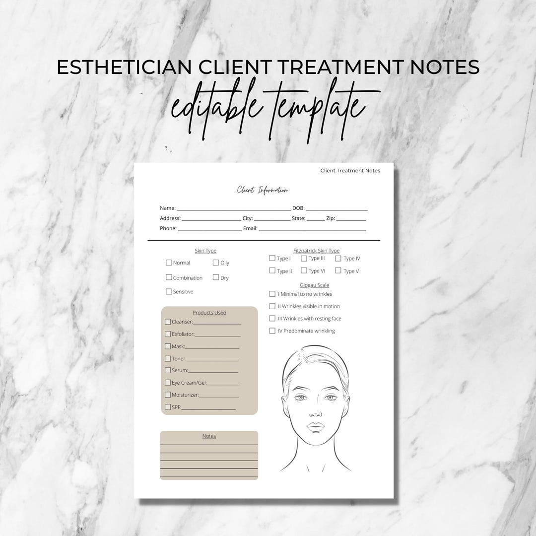 Client Treatment Notes Form, DIY Editable Canva Template, Esthetician ...