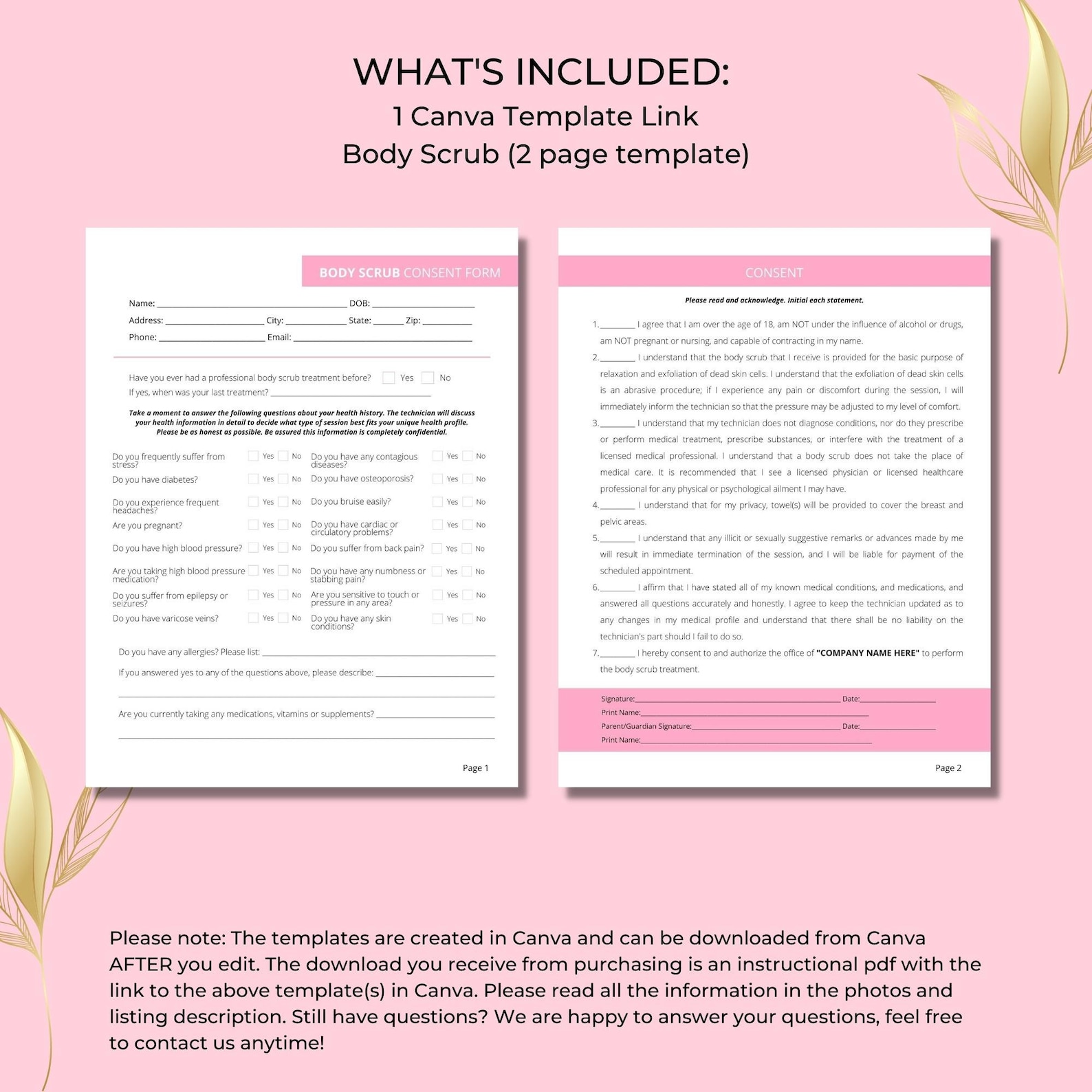 Body Scrub Consent Form DIY Editable Printable 2 Page Canva - Etsy