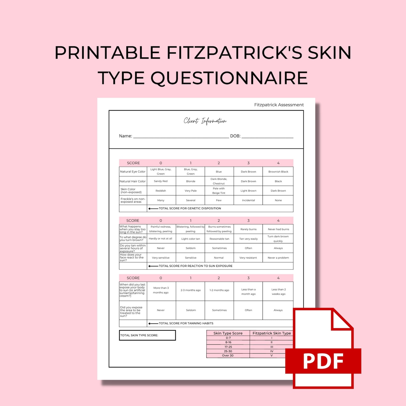 Fitzpatrick's Skin Type Questionnaire Form Printable PDF - Etsy