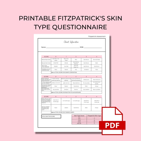 Printable Fitzpatrick Scale Questionnaire - Etsy