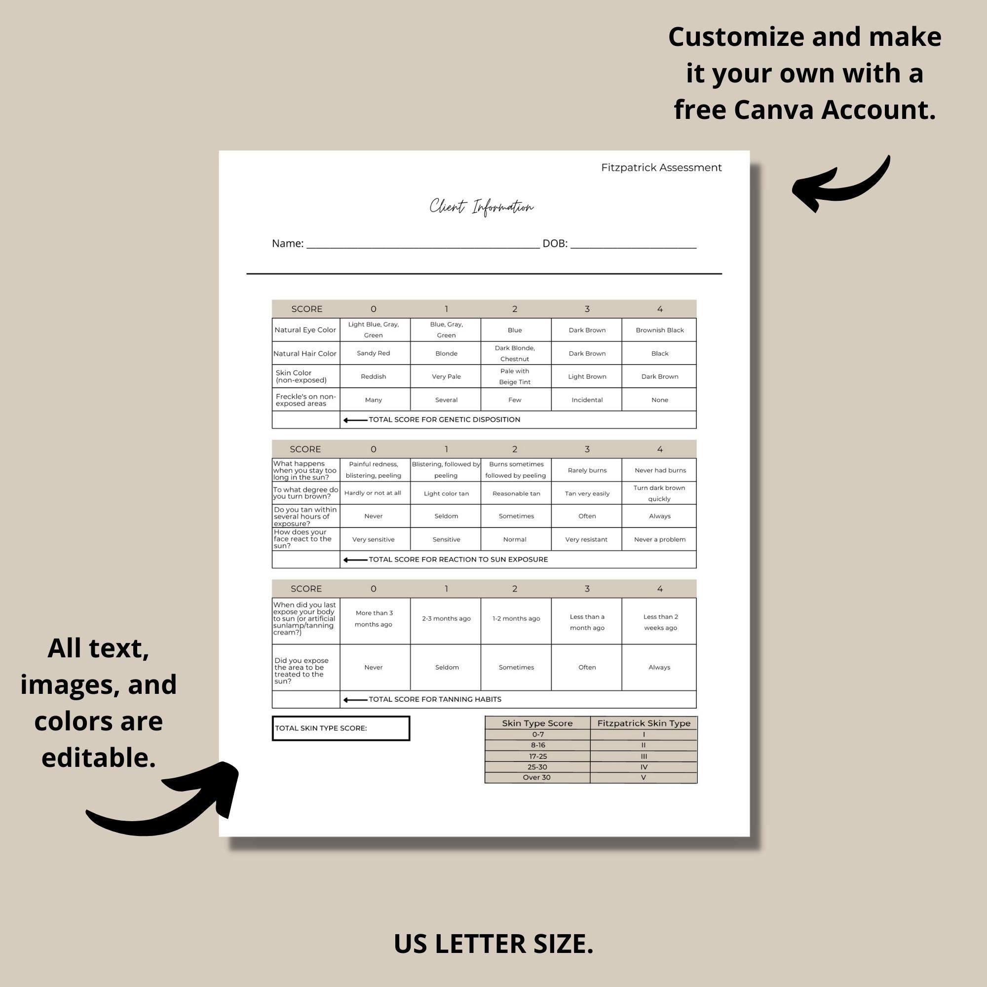 Editable Fitzpatrick Skin Type Questionnaire for Esthetician (digital ...