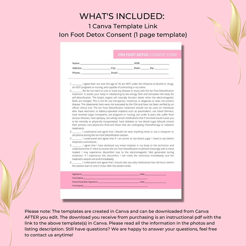Ion Foot Detoxification Consent Form DIY Editable 1 Page - Etsy