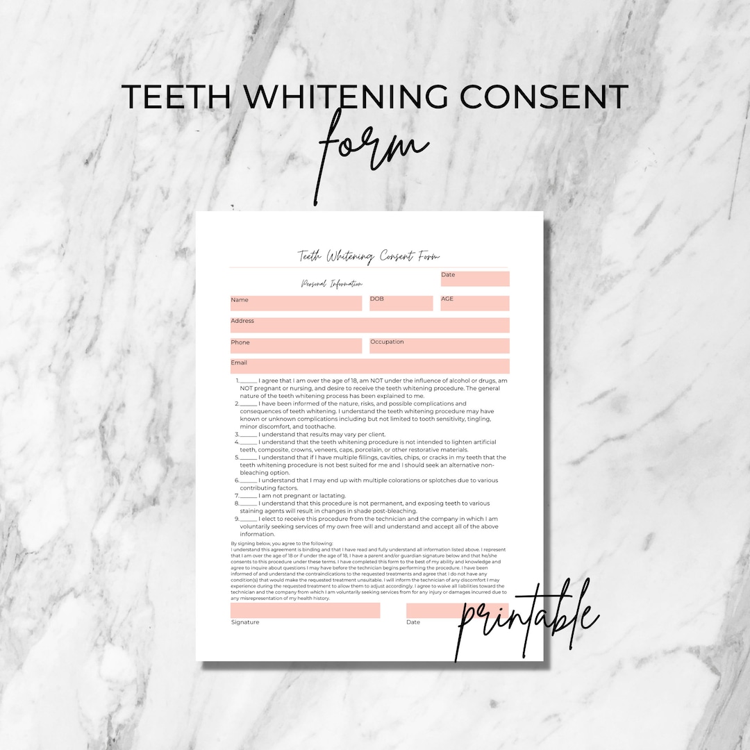 Teeth Whitening Consent Form, Printable 1 Page PDF, Tooth Bleaching ...