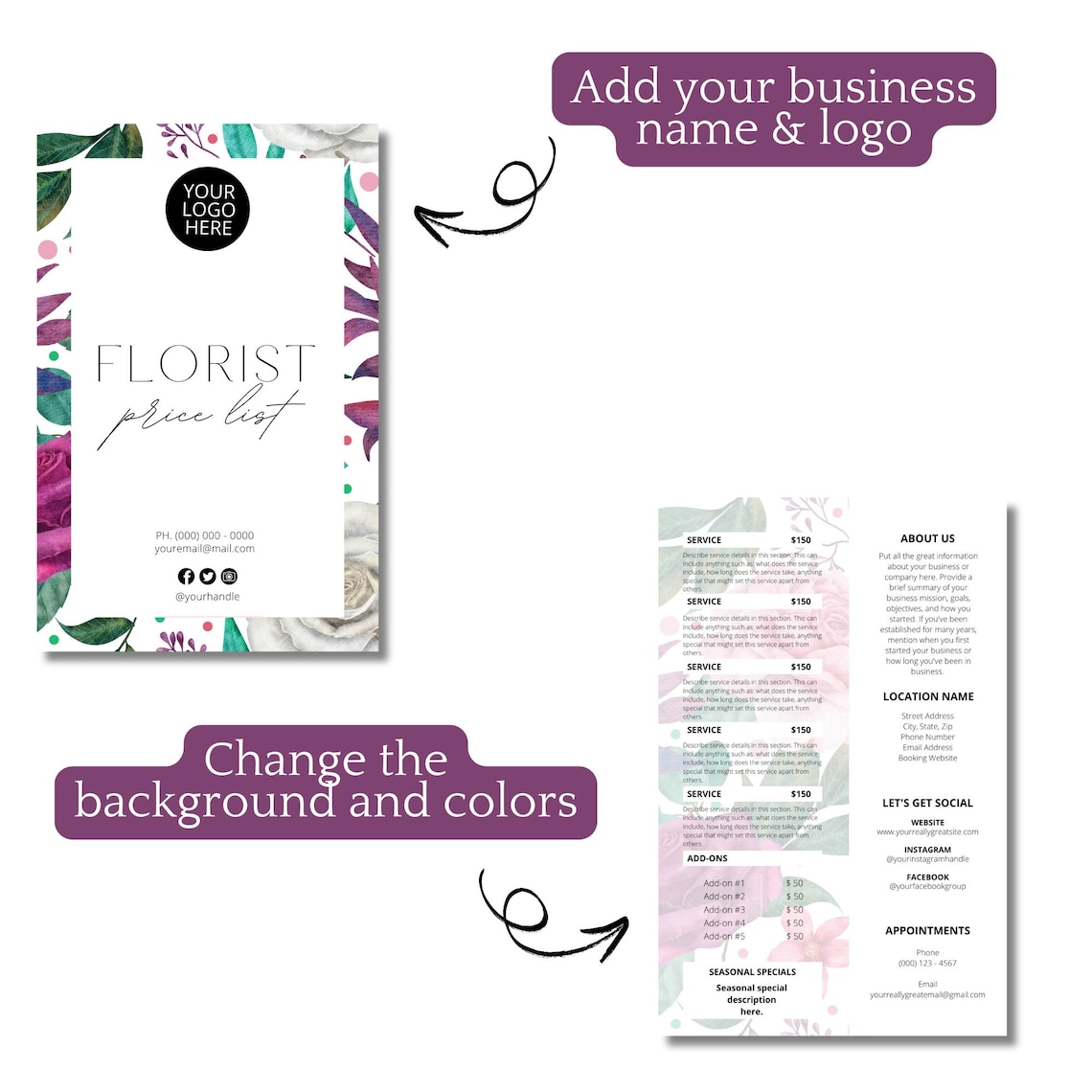 Editable Florist Price List Template: Floral Service Menu (5.5 X 8.5 ...