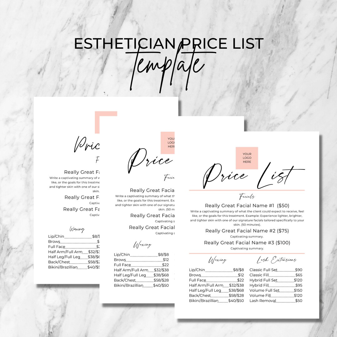 Editable Esthetician Price List Menu Template, Day Spa Price List Menu ...