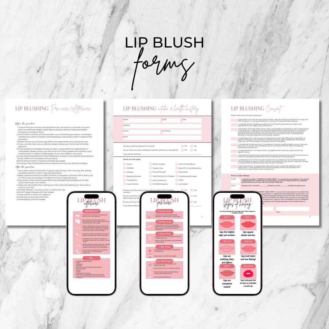 Lip Blushing Forms, Lip Blush Intake and Consentform, Pre-care ...
