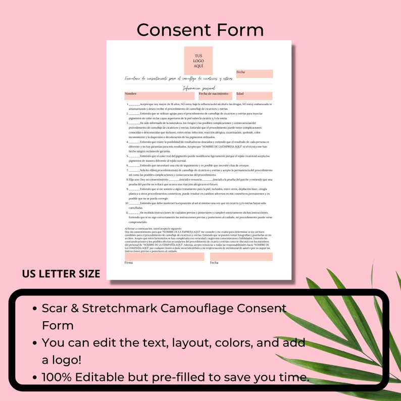 Scar Camouflage Forms, Editable Intake Consent, English Spanish (canva ...